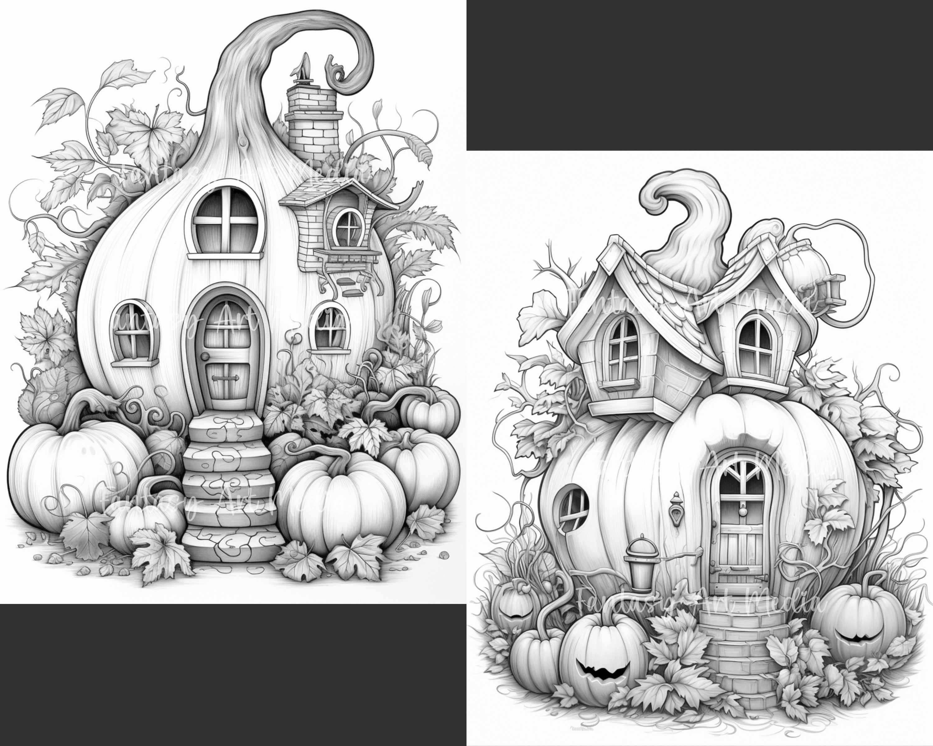 25 Pumpkin House Coloring Pages: Grayscale Autumn Fairy Tale (PDF/JPG ...