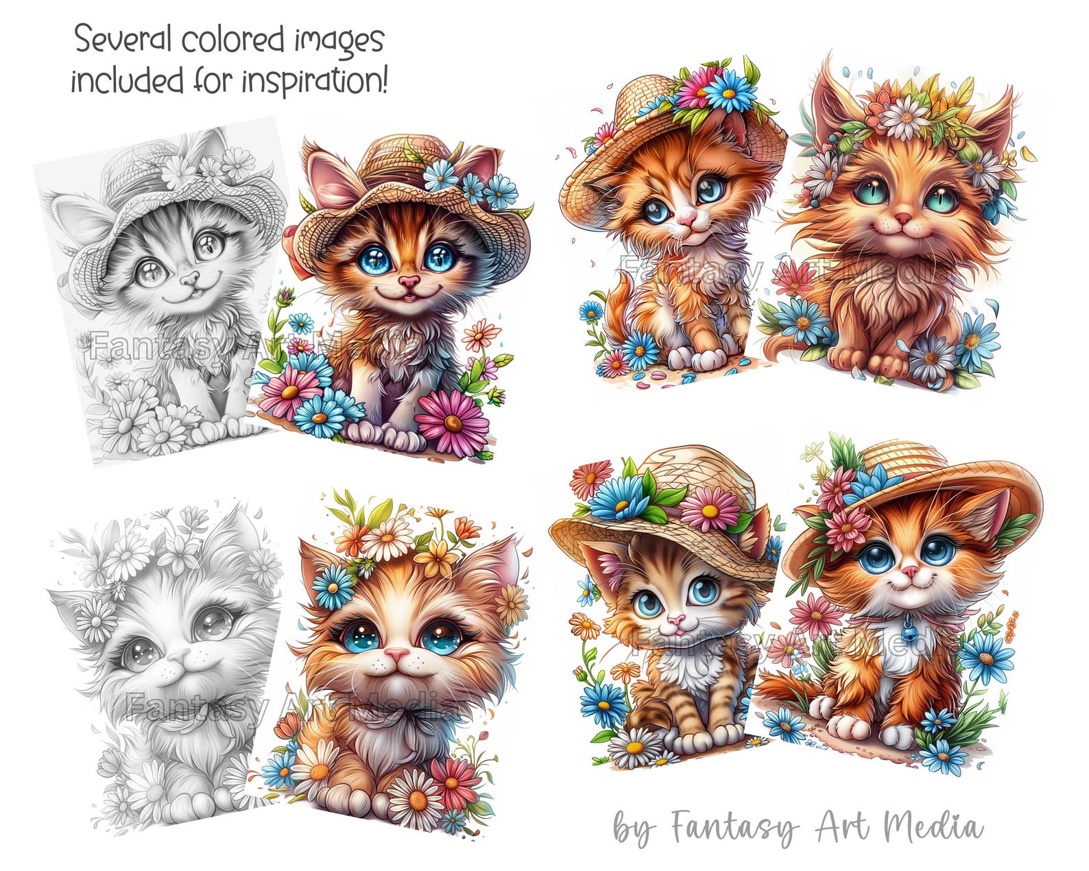 Fun Floral Kittens Grayscale Coloring Pages, Adult & Kids Cute ...