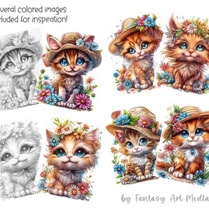 Fun Floral Kittens Grayscale Coloring Pages, Adult & Kids Cute ...