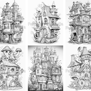 Cool Crazy Houses Coloring Book, Printable Adult Grayscale Townhouse ...
