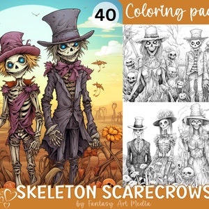 Skeleton Scarecrows Spooky Halloween Grayscale Coloring Pages ...