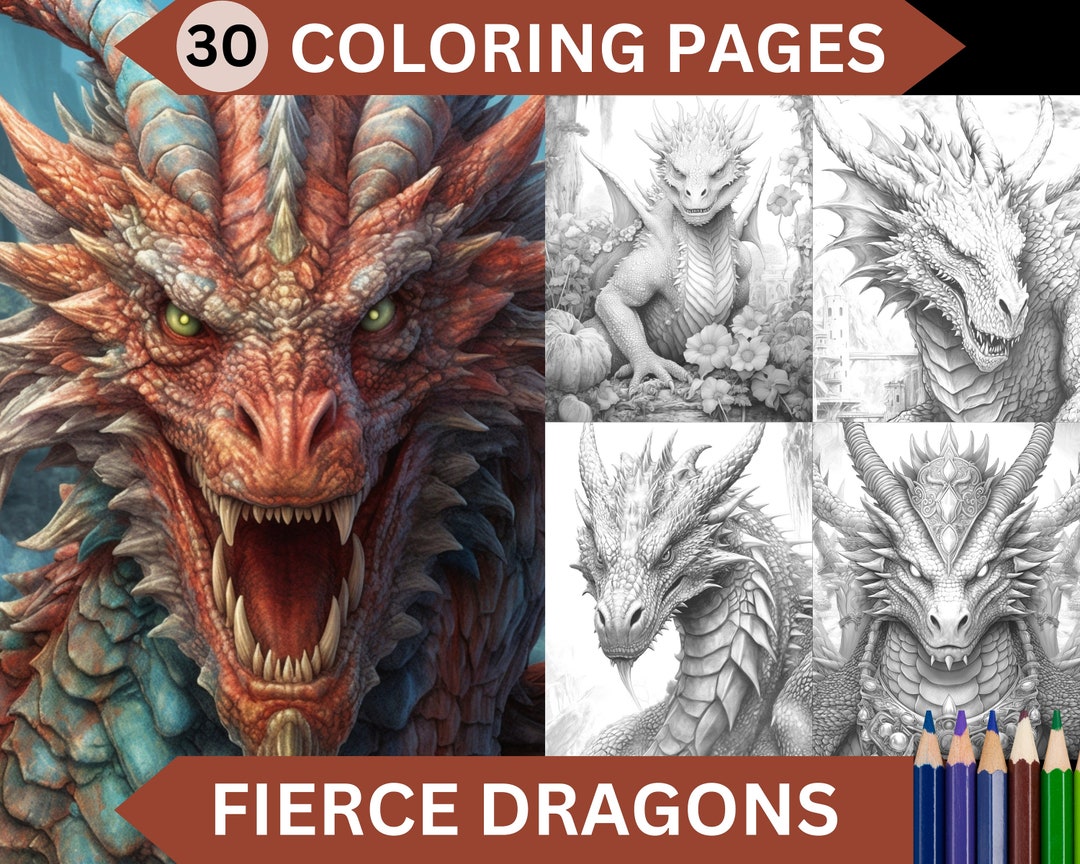 30 Fierce Dragons Grayscale Coloring Pages | Printable Adult Fantasy ...