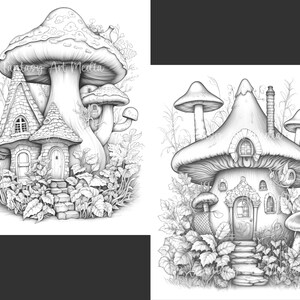 30 Magical Mushroom Houses Coloring Pages | Printable Adult Grayscale ...