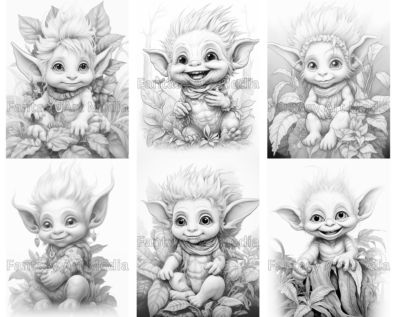 Cute Baby Trolls Grayscale Coloring Pages, Fantasy Creatures Adult ...