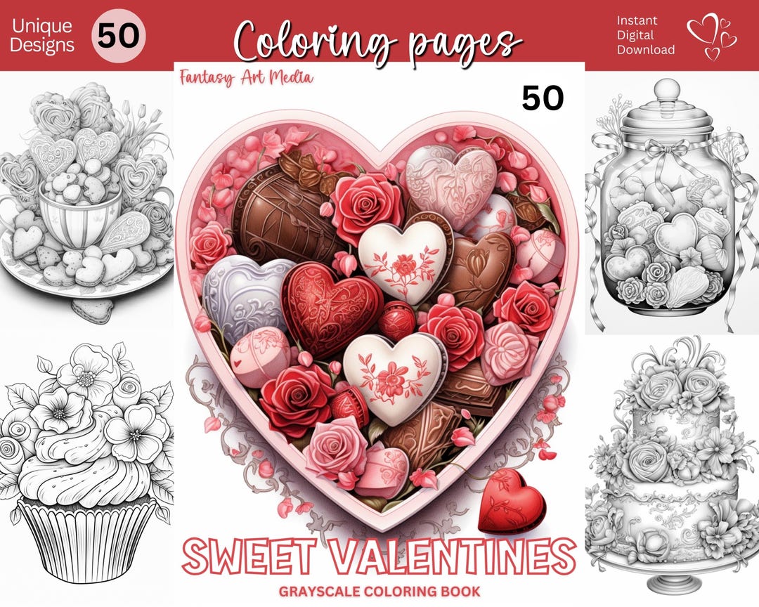 Sweet Valentines Grayscale Love Coloring Pages | Printable Adult ...