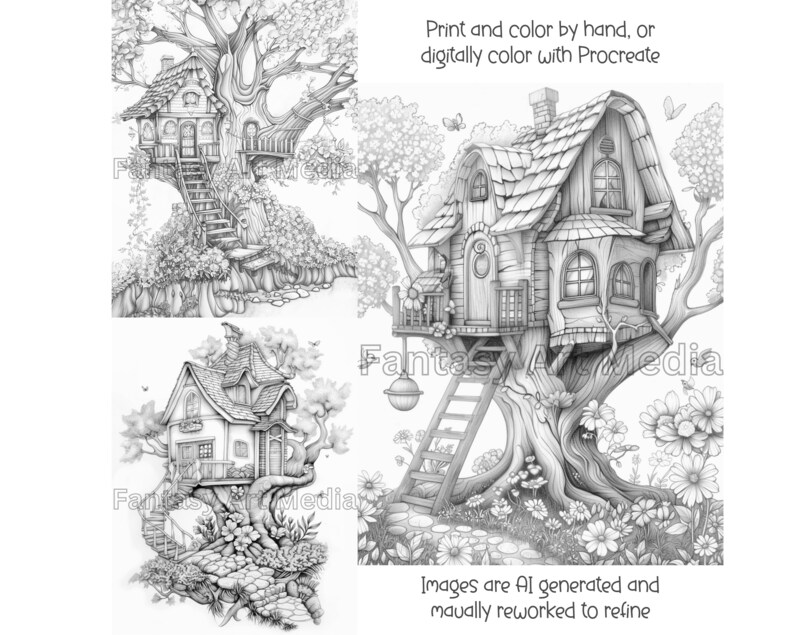 Fantasy Treehouses Coloring Pages, Printable Adult Grayscale Floral ...