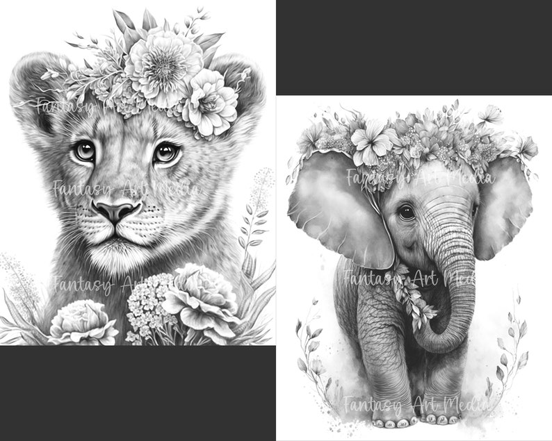 30 Baby Animals (on White) Grayscale Coloring Pages | Printable Adult ...