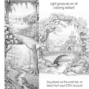 Floral Scenery Coloring Pages: Grayscale Country Homes (PDF/JPG) - Etsy