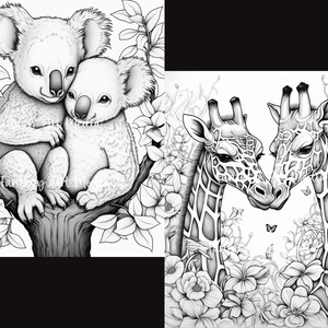 Animals in Love Grayscale Coloring Pages | Printable Adult Valentines ...