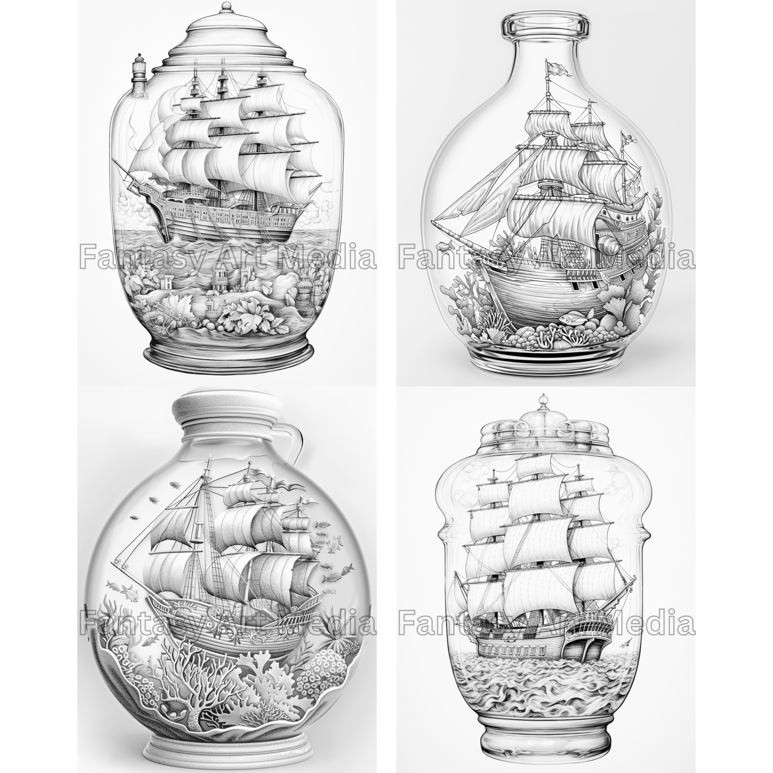 Ship in a Bottle Coloring Pages, Printable Adult Fantasy Fish Water ...
