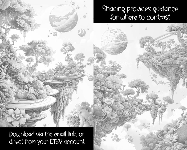 Floating Islands Coloring Pages, Printable Adult Grayscale Fantasy ...
