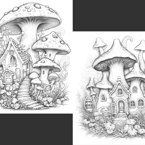 30 Magical Mushroom Houses Coloring Pages | Printable Adult Grayscale ...