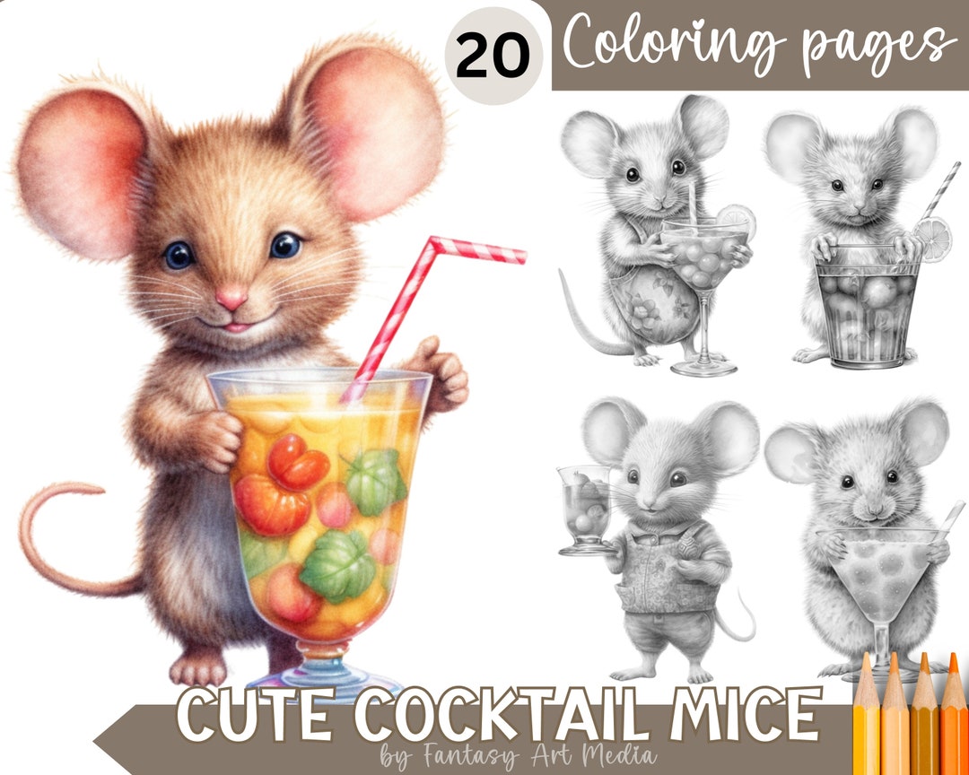 20 Cute Cocktail Mice Grayscale Coloring Pages for Adults & Children ...