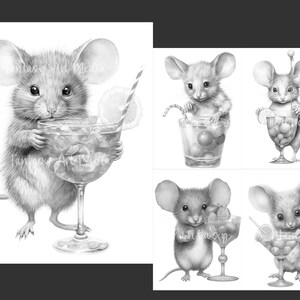 20 Cute Cocktail Mice Grayscale Coloring Pages for Adults & Children ...