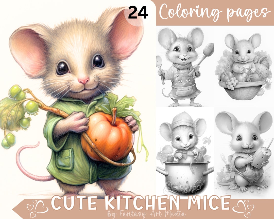 Cute Kitchen Mice Grayscale Coloring Pages, Adults & Children Printable ...