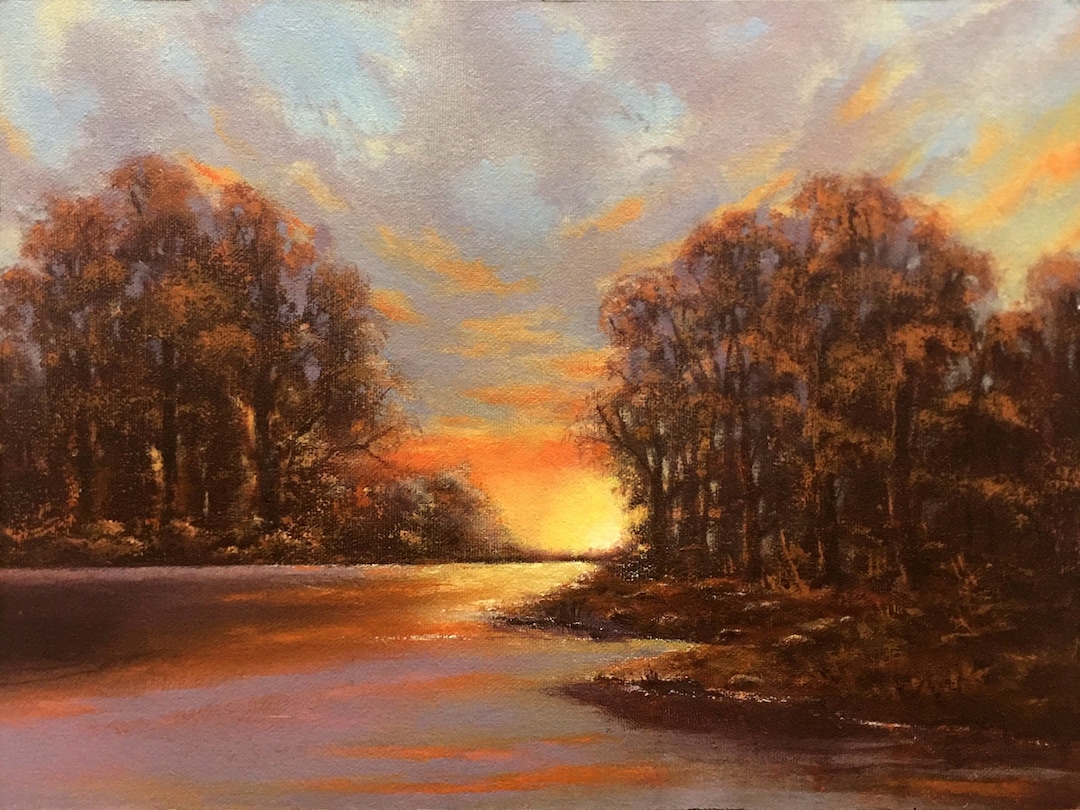 Original 9x12 Landscape Painting by Vern Rollin. Glowing Sundown . an ...