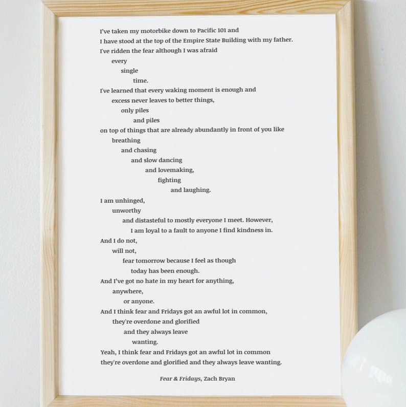 Fear and Fridays Plain Staggered Print Zach Bryan Lyrics - Etsy