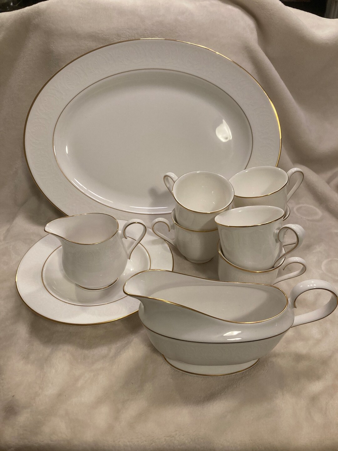 Hannah Gold by Lenox, Platter, Creamer, Bowl, Gravy Boat, Footed Cups ...
