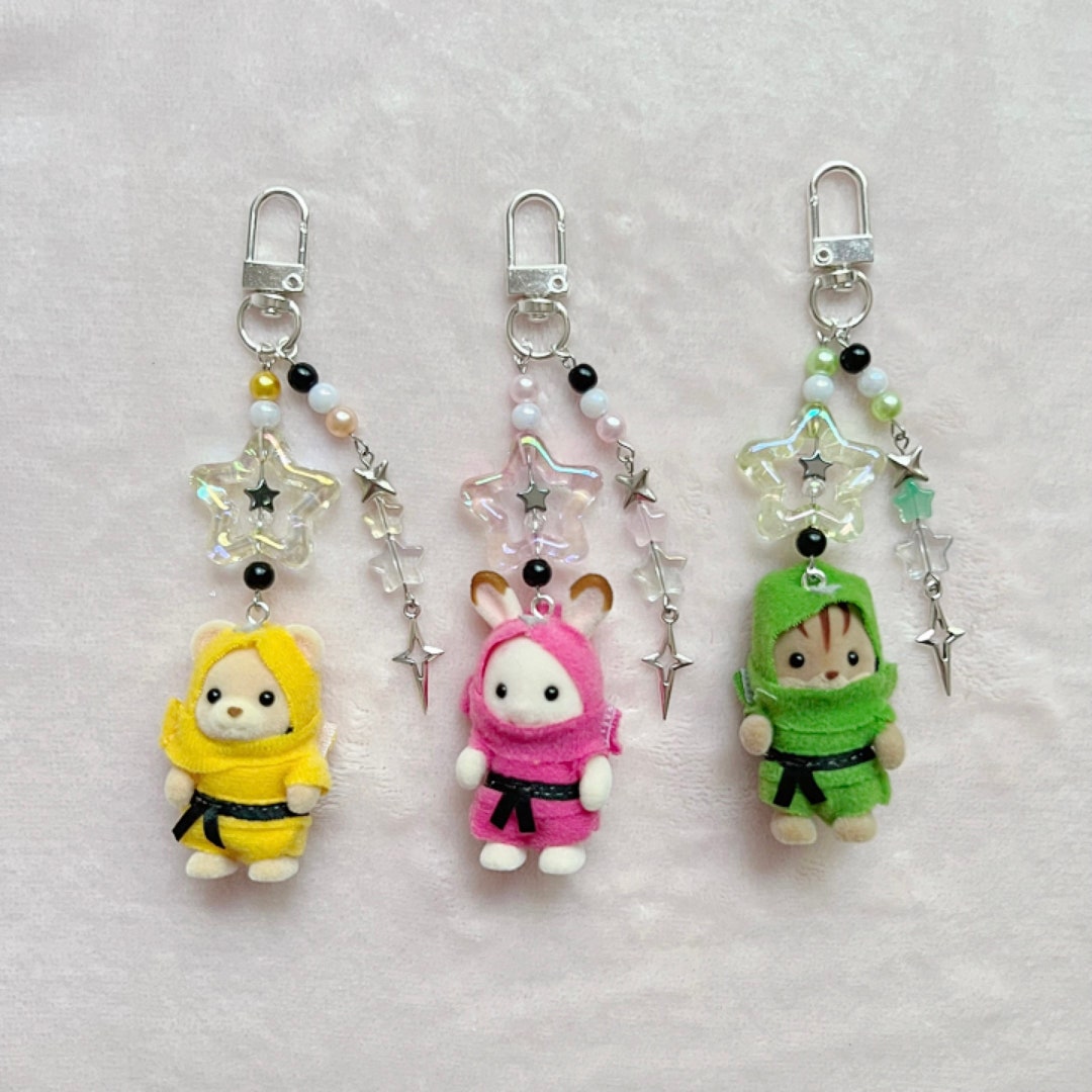 Ninja Trio Kawaii Cute Calico Critter Keychain Charm Star Heart Pearl ...