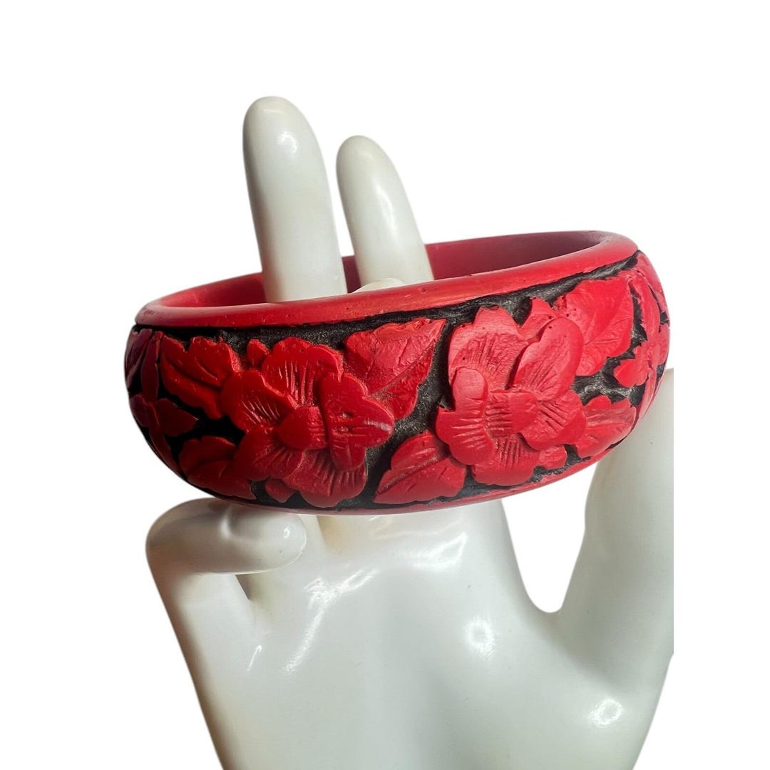 Antique Chinese Red Black Cinnabar Bangle Bracelet Floral Carving Size ...