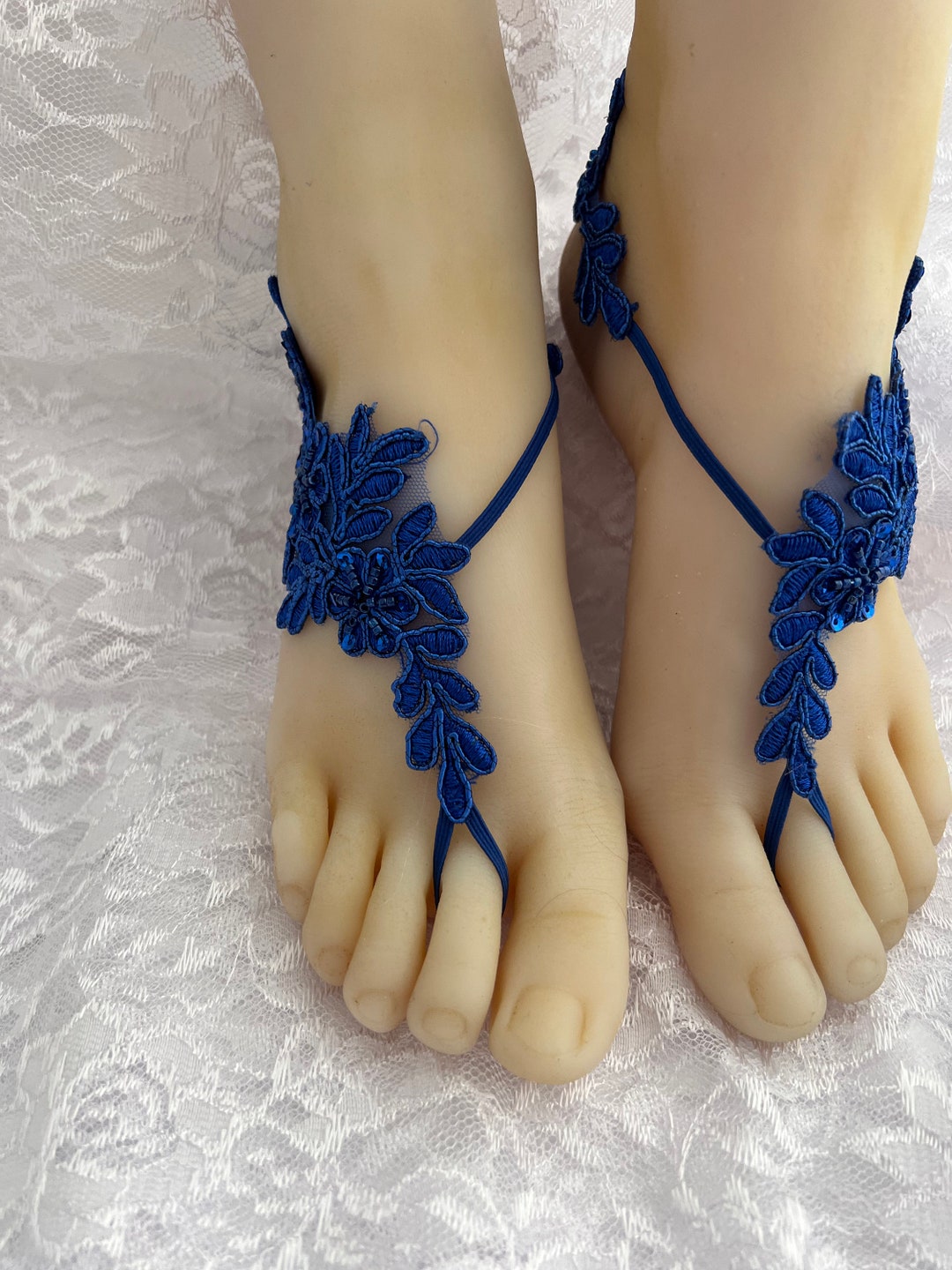 Royal Blue Beaded Lace Barefoot Sandals: Beach Wedding Foot Jewelry - Etsy