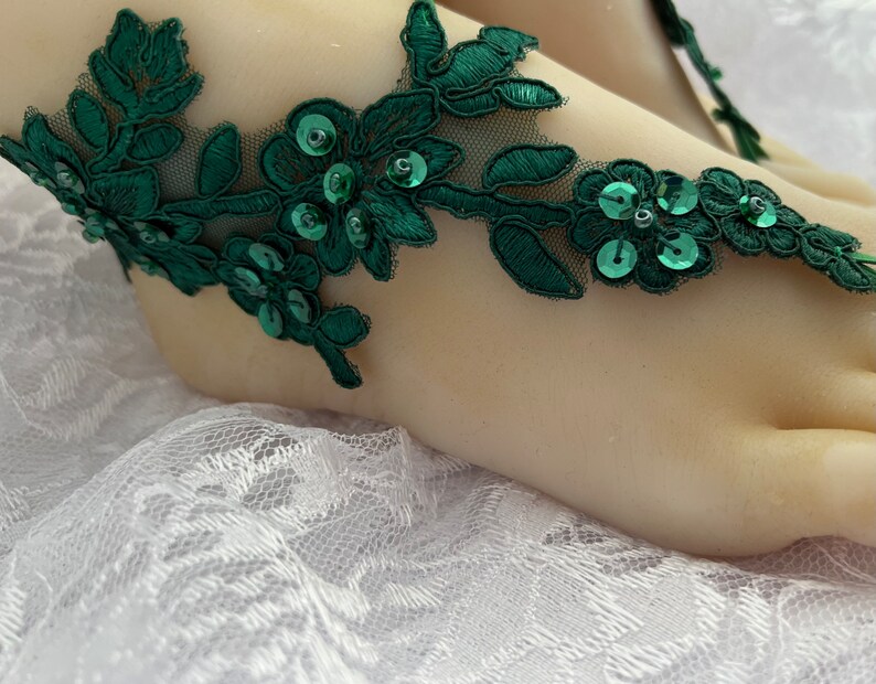 Hunter Green Beaded Bridal Barefoot Sandals, Bridal Barefoot Flower ...
