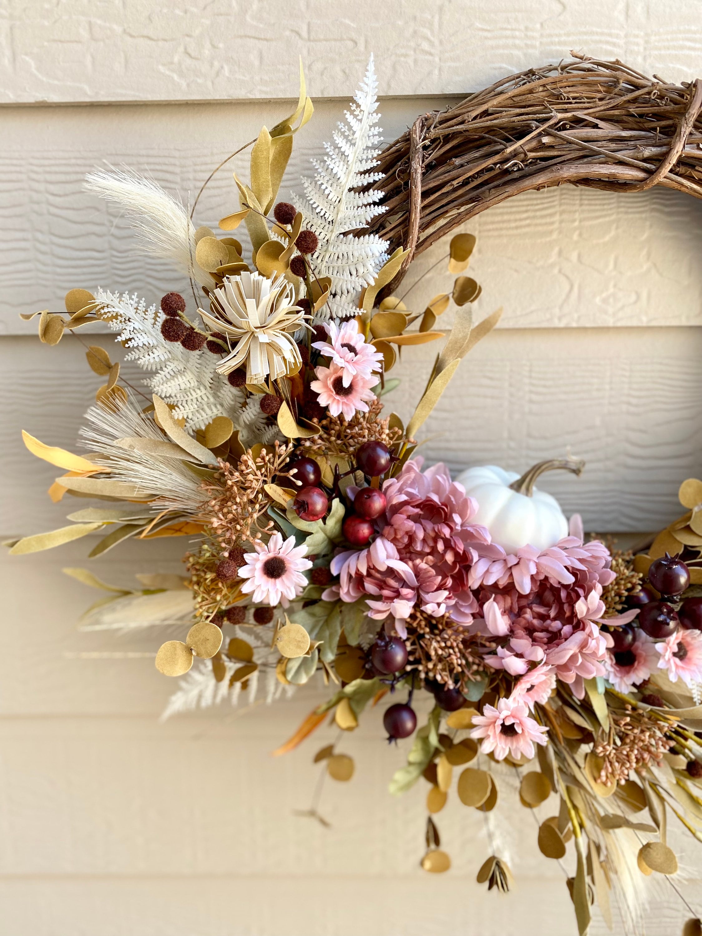 Farmhouse Pink Fall Wreath With Pumpkin and Purple Berries for - Etsy