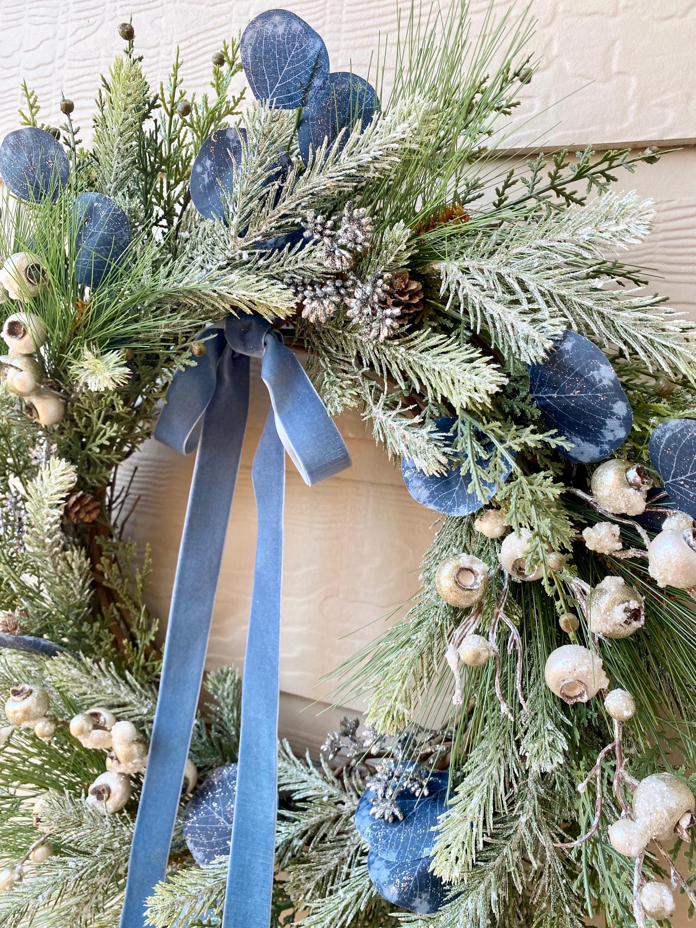Blue and Silver Winter Wreath With Berries for Front Door, Blue ...