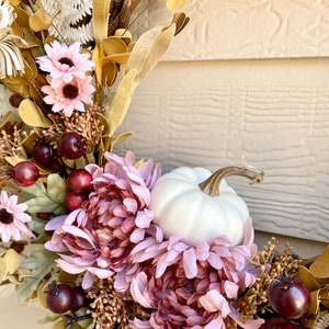 Farmhouse Pink Fall Wreath With Pumpkin and Purple Berries for Front ...
