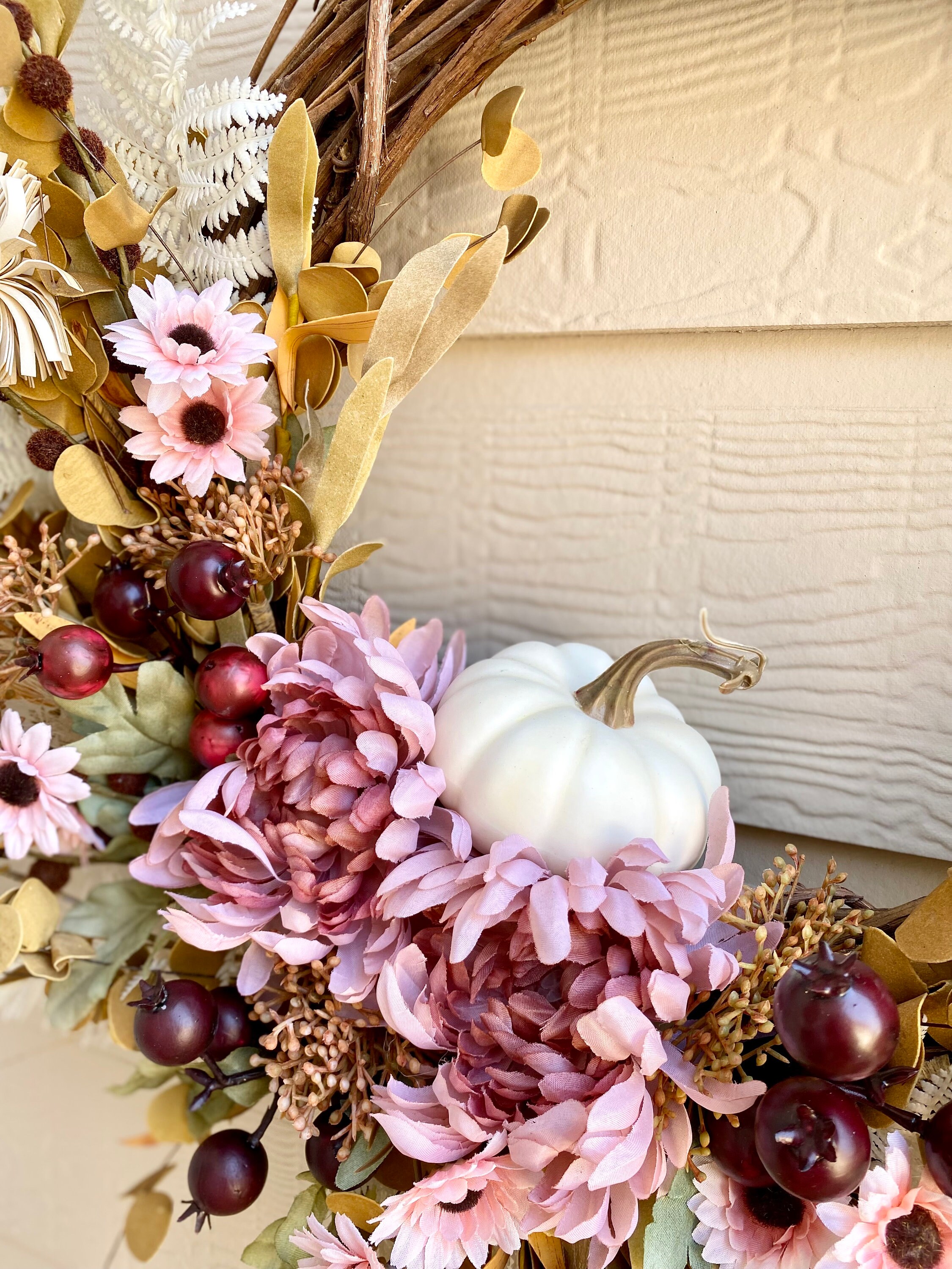 Farmhouse Pink Fall Wreath With Pumpkin and Purple Berries for - Etsy