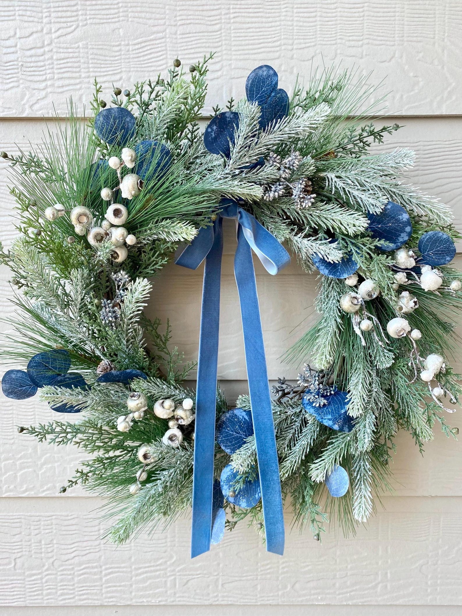 Blue and Silver Winter Wreath With Berries for Front Door, Blue ...
