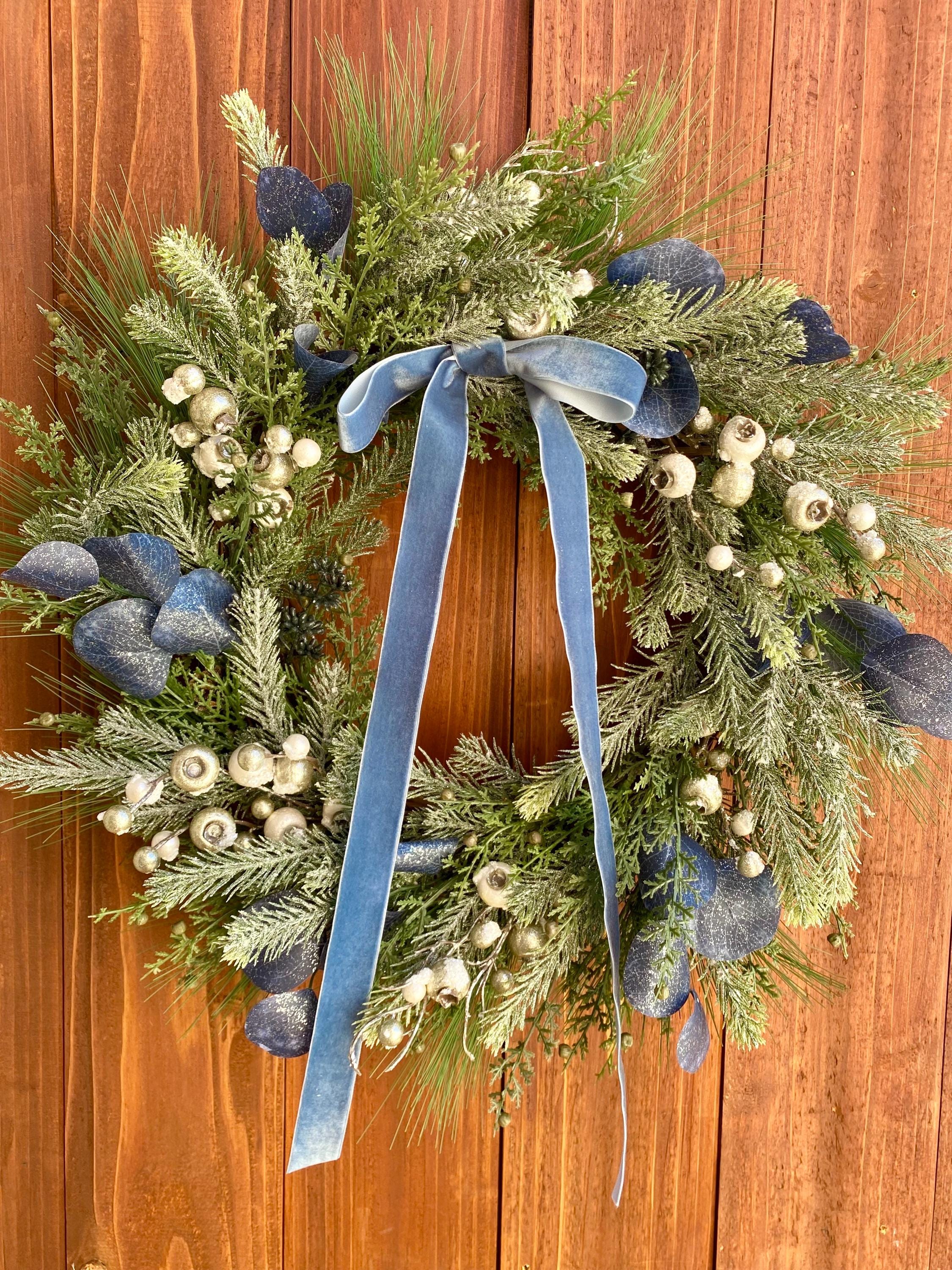 Blue and Silver Winter Wreath With Berries for Front Door, Blue ...