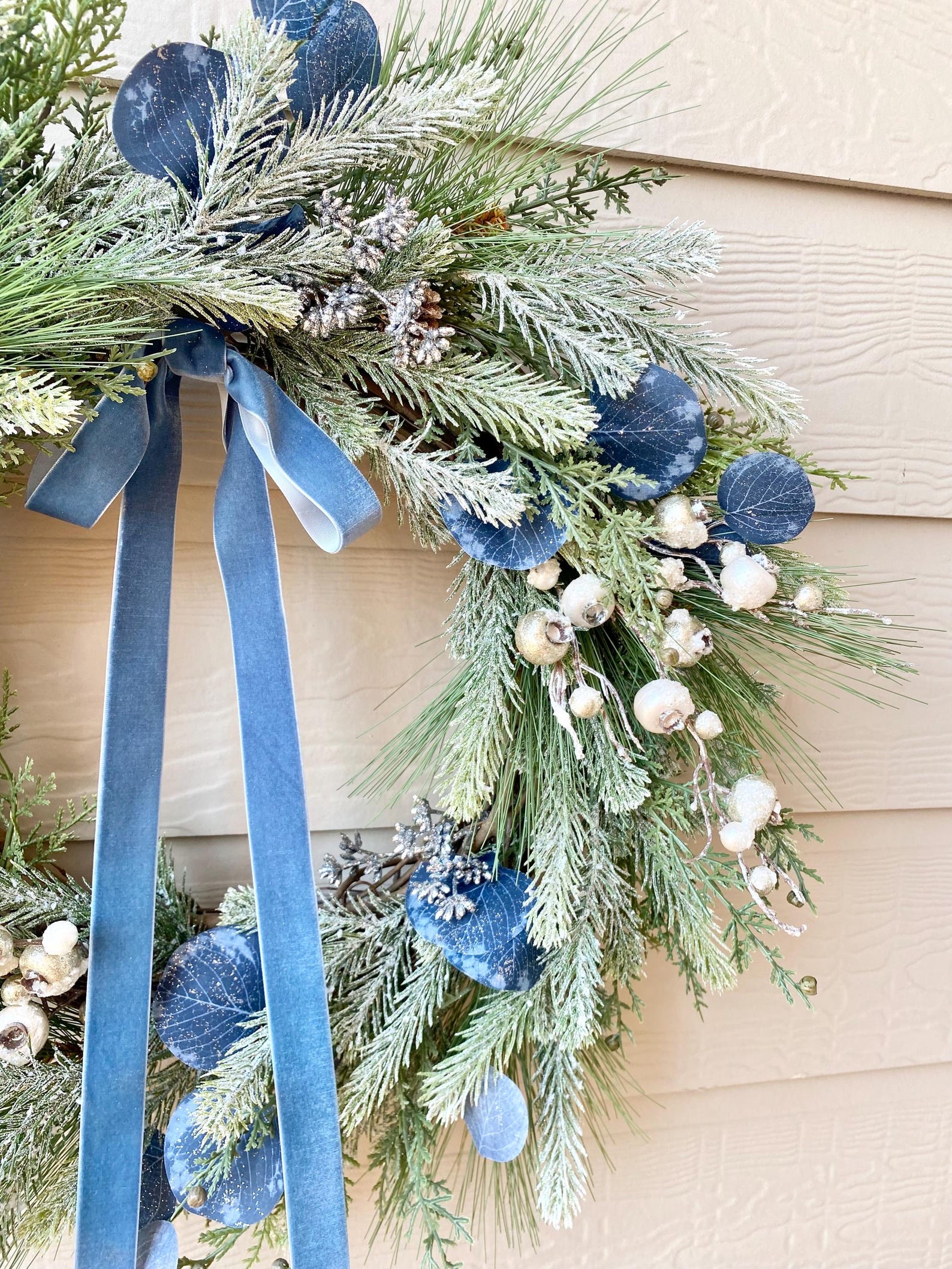 Blue and Silver Winter Wreath With Berries for Front Door, Blue Christmas Wreath With Bow ...
