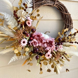 Farmhouse Pink Fall Wreath With Pumpkin and Purple Berries for Front ...