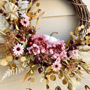 Farmhouse Pink Fall Wreath With Pumpkin and Purple Berries for Front ...