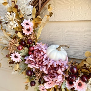 Farmhouse Pink Fall Wreath With Pumpkin and Purple Berries for Front ...