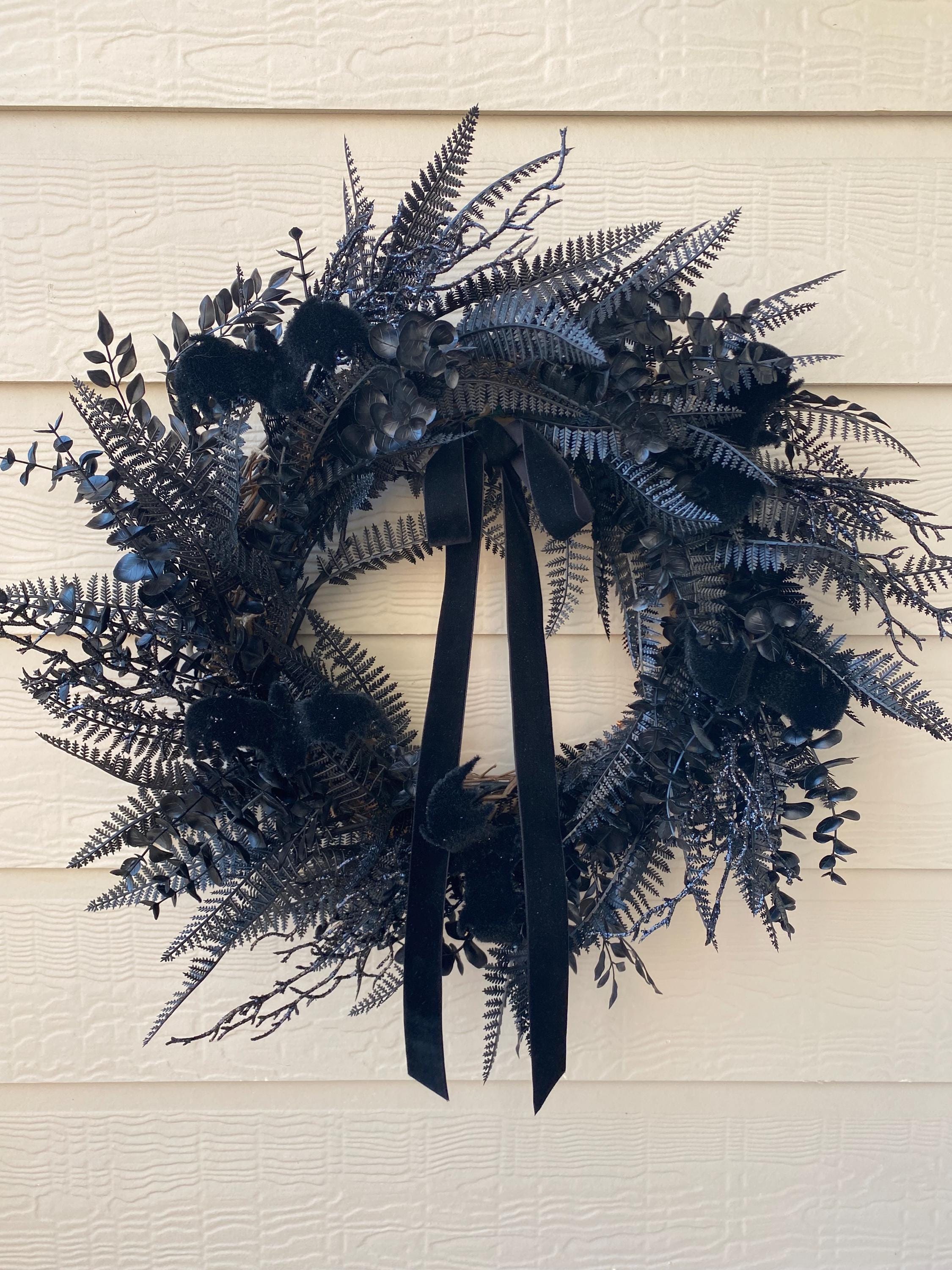 Black Halloween Wreath With Velvet Bow, Black Bat Halloween Wreath for ...