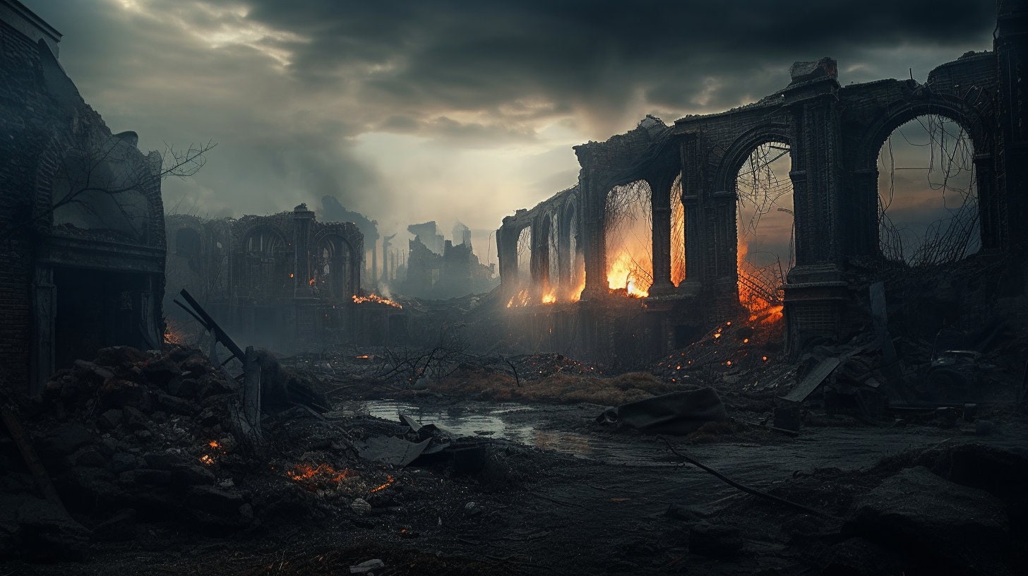 Dark Moody Low Light Photo, Apocalyptic Landscape Full of Ruins, Smoke ...