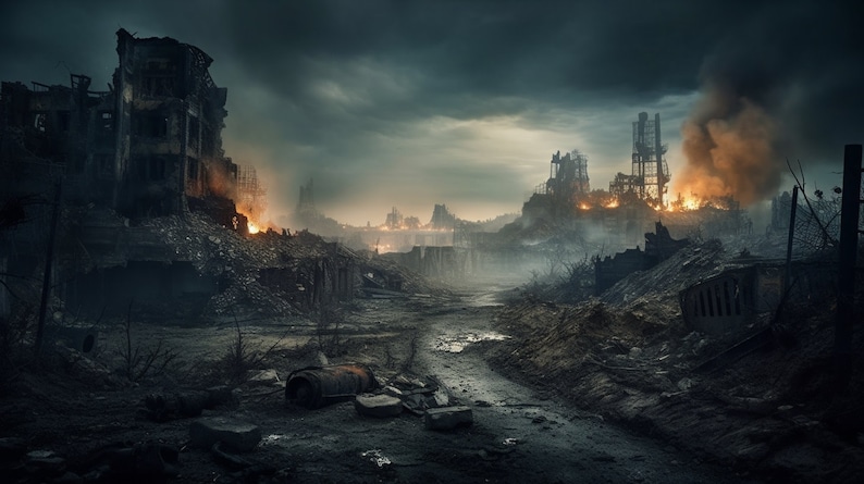 Dark Moody Low Light Photo, Apocalyptic Landscape Full of Ruins, Smoke ...