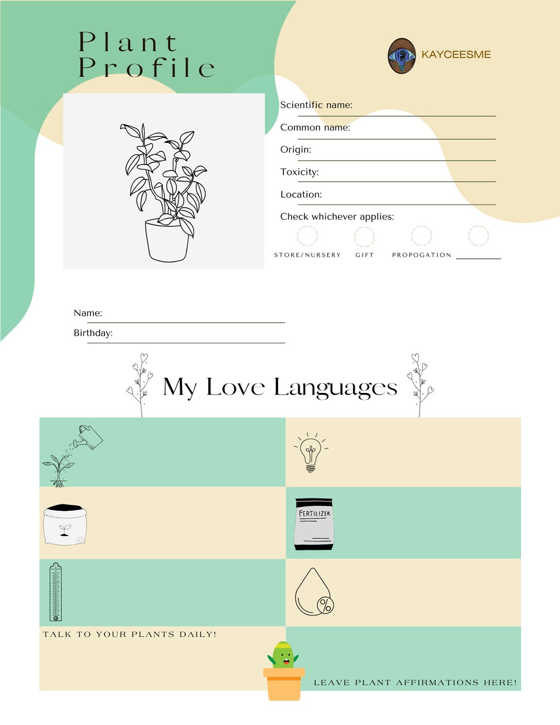 Plant Profile, Monthly Plant Tracker, Plant Care Sheet, Printable Plant ...