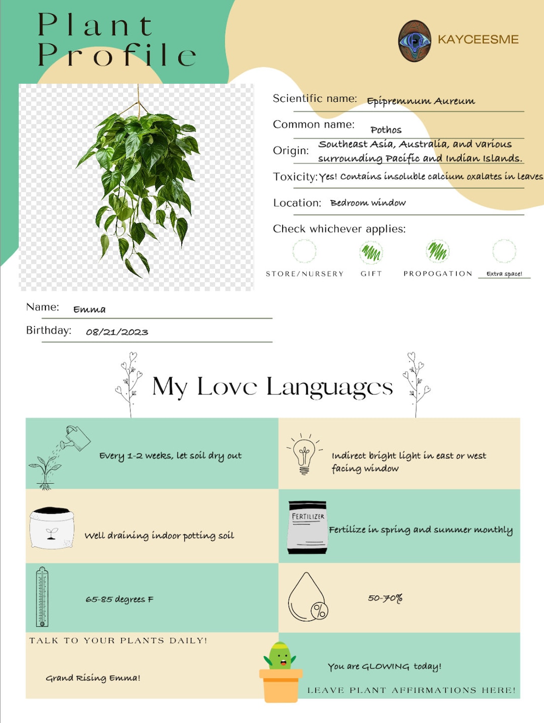 Plant Profile, Monthly Plant Tracker, Plant Care Sheet, Printable Plant ...