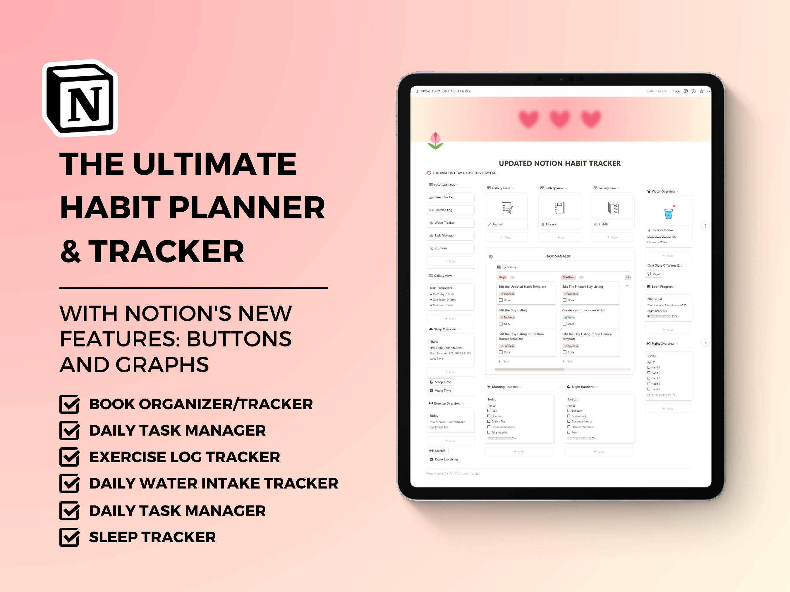 2023 Updated Notion Habit Tracker With Buttons and Graphs, With Book Organizer/tracker, Sleep ...