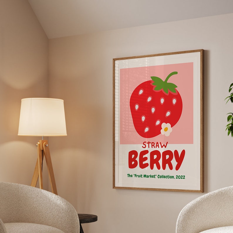Strawberry Print, Fruit Market Poster, Retro Pink Strawberry Art Print ...