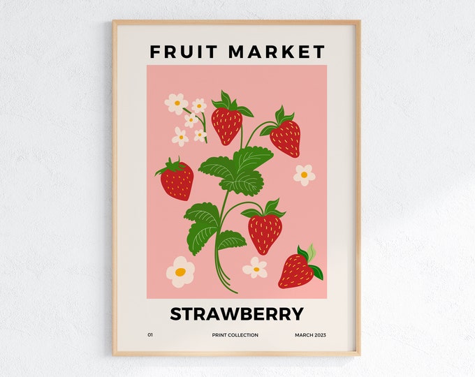 Strawberries Print // 90s Room Decor, Strawberry Wall Art, Pink Bedroom ...