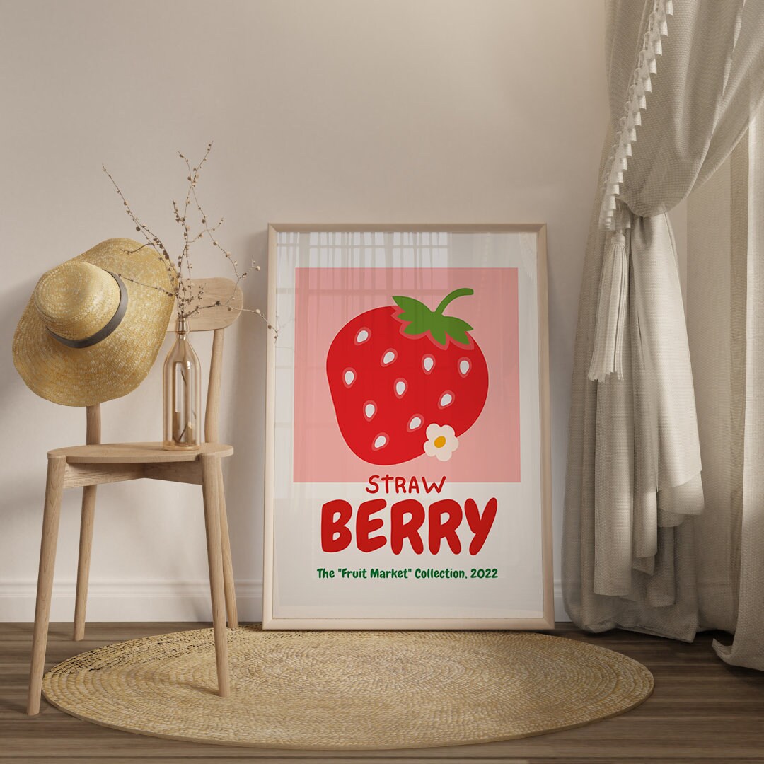 Strawberry Print, Fruit Market Poster, Retro Pink Strawberry Art Print ...