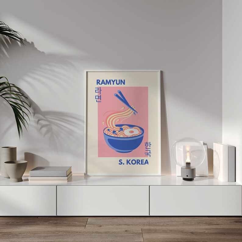 Ramyun Print | Pastel Pink Blue Korean Ramyun Poster, Food Wall Art ...
