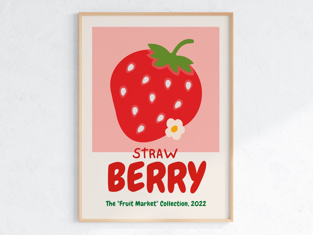 Strawberry Print, Fruit Market Poster, Retro Pink Strawberry Art Print ...