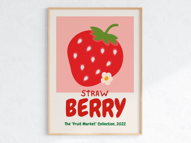 Strawberry Print, Fruit Market Poster, Retro Pink Strawberry Art Print ...