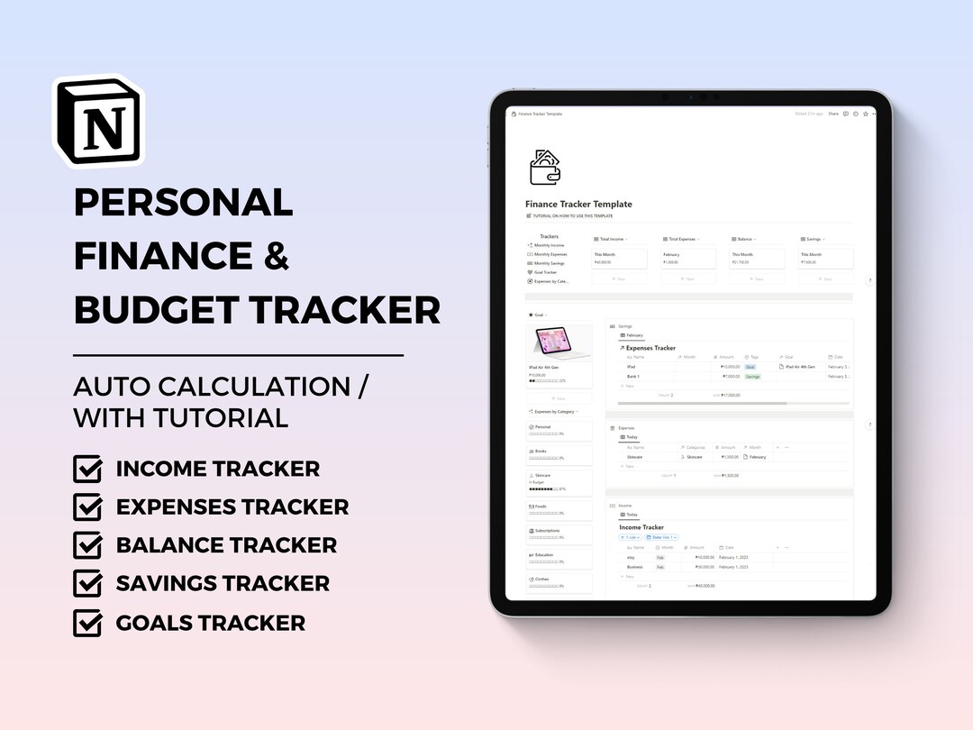 Notion Personal Finance & Budget Tracker, Goals, Savings, Income, Expenses Tracker, Digital ...