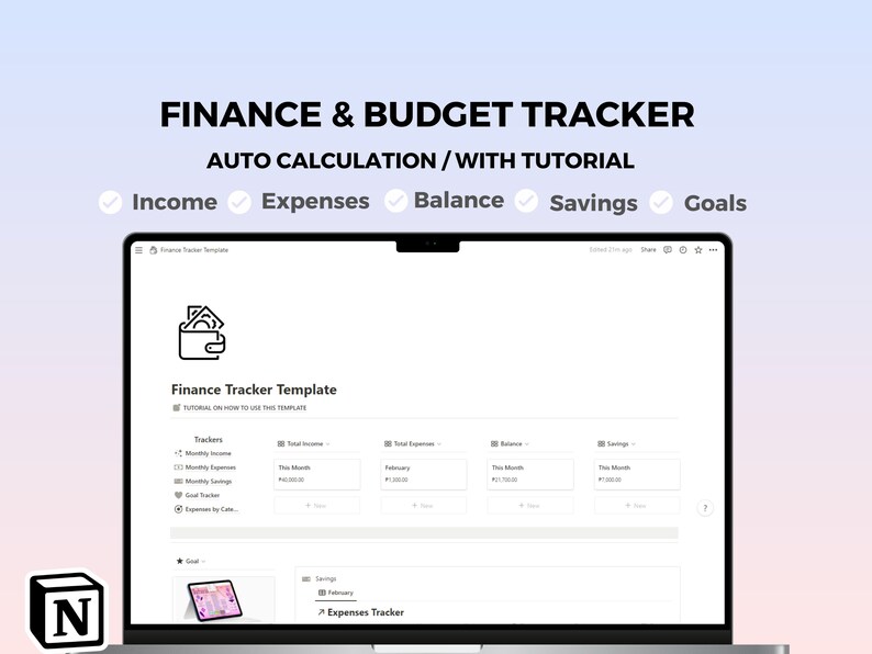 Notion Personal Finance & Budget Tracker, Goals, Savings, Income, Expenses Tracker, Digital ...